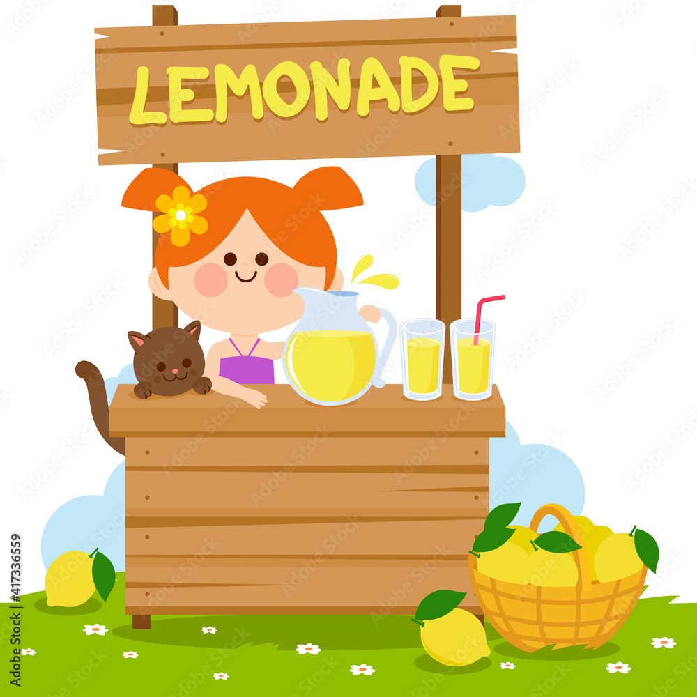 Little girl in a lemonade stand selling lemon juice. Vector ...