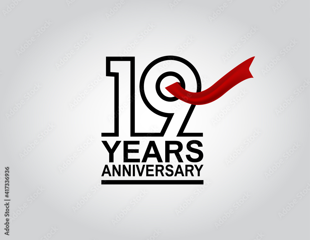 19 years anniversary logotype with black outline number and red ribbon ...