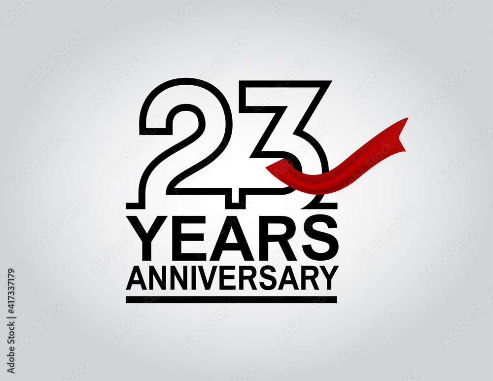 23 years anniversary logotype with black outline number and red ribbon ...
