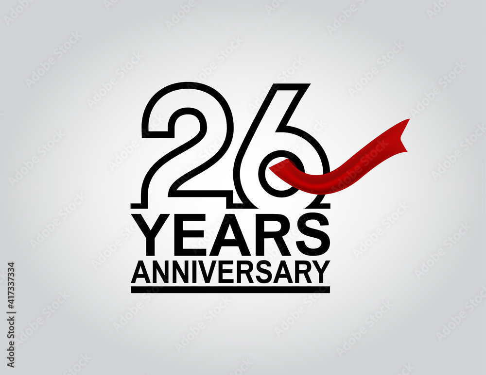 26 years anniversary logotype with black outline number and red ribbon ...