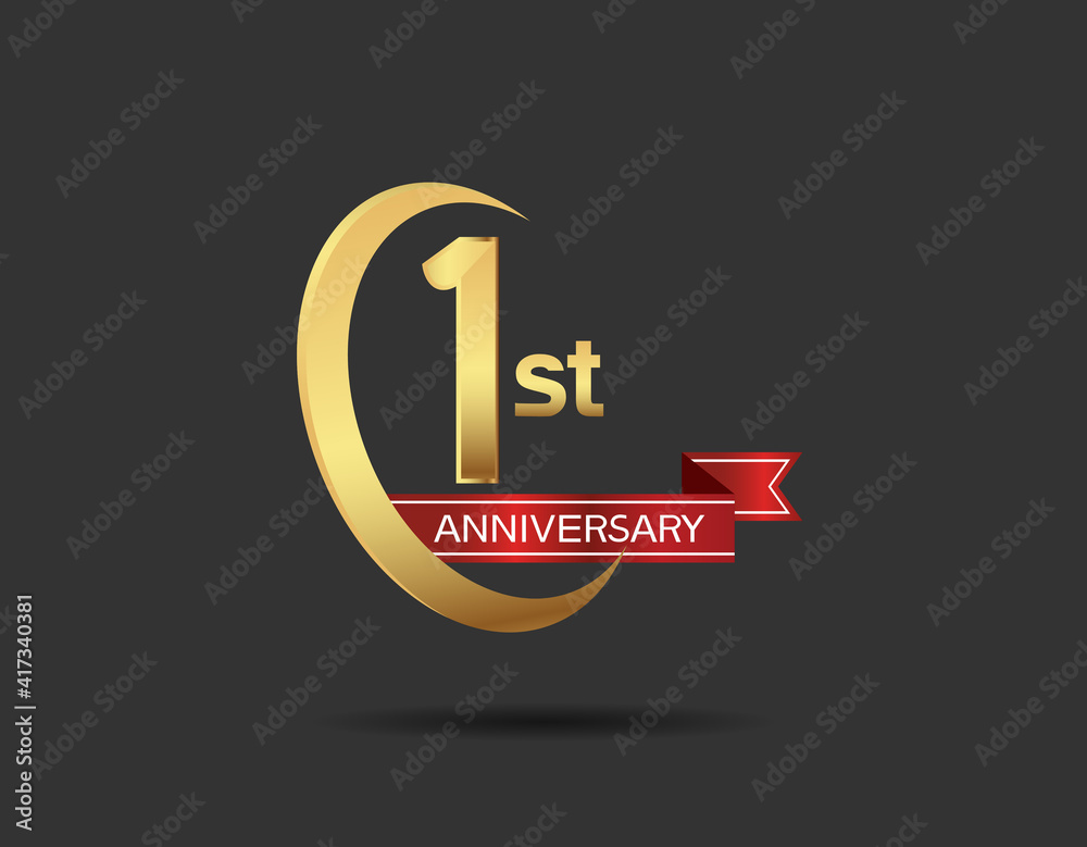 1 year anniversary logo style with swoosh ring golden color and red ...