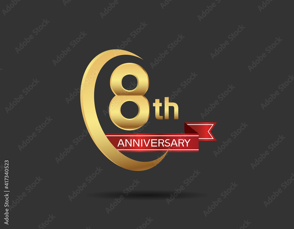 8 years anniversary logo style with swoosh ring golden color and red ...