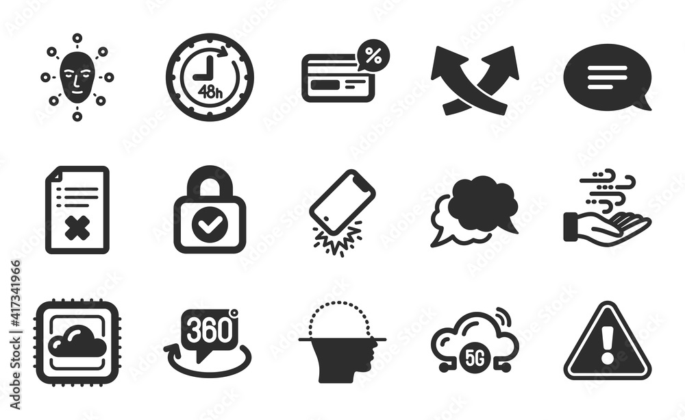 Chat, Reject file and Wind energy icons simple set. Intersection arrows, Cloud computing and ...
