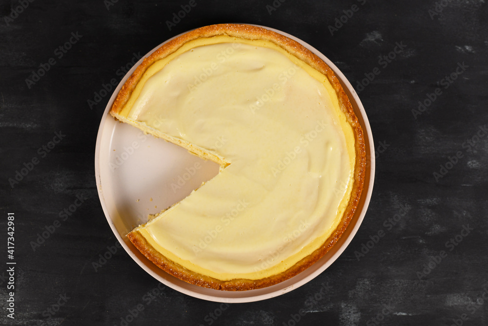 Top view of traditional New York cheesecake with cream cheese and sour ...