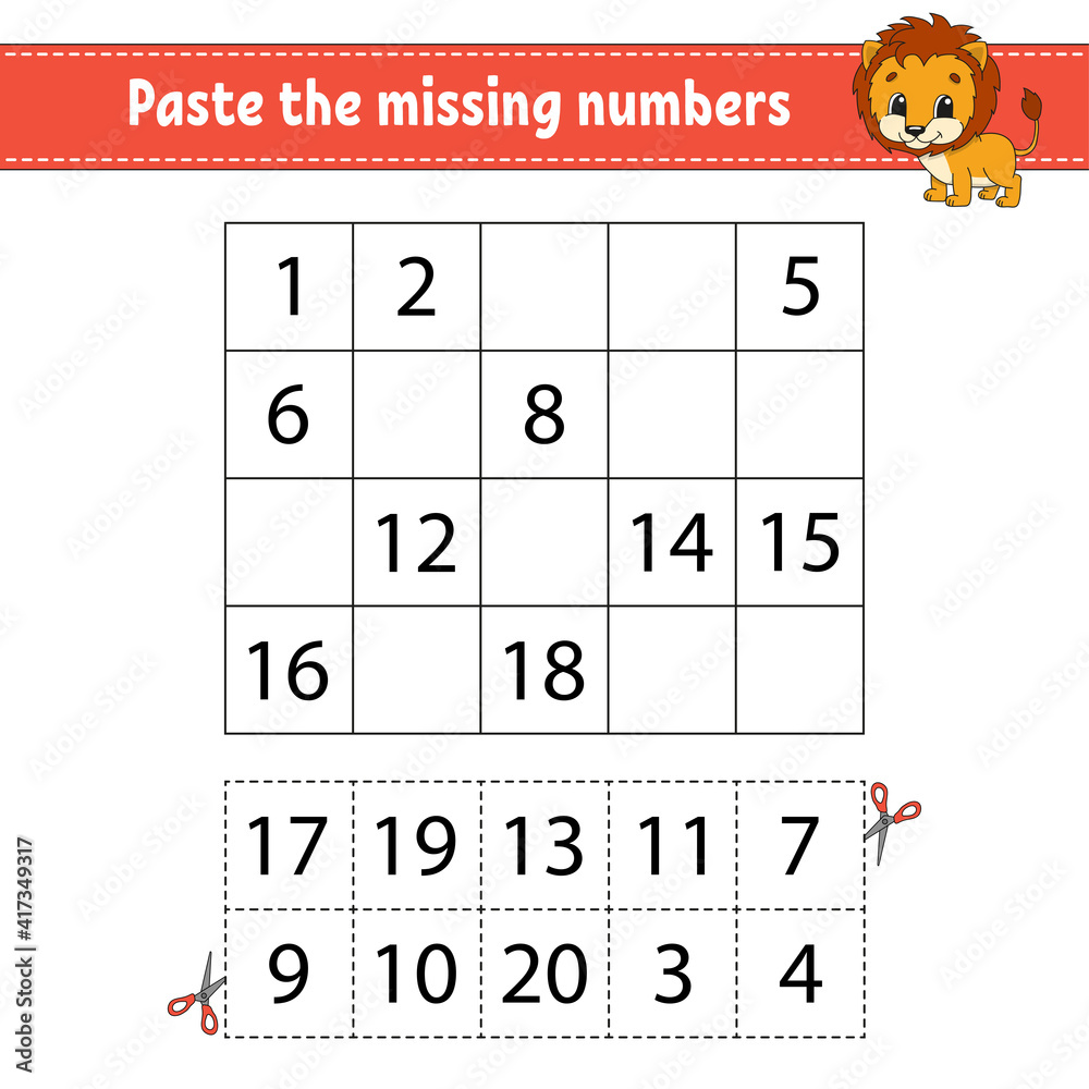 Paste the missing numbers 1-20. Game for children. Handwriting practice ...
