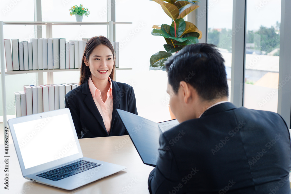 Recruiter interview young asian woman job candidate asking questions ...