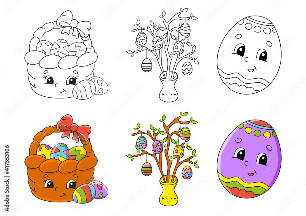 Easter theme. Set coloring page for kids. Cute cartoon characters ...