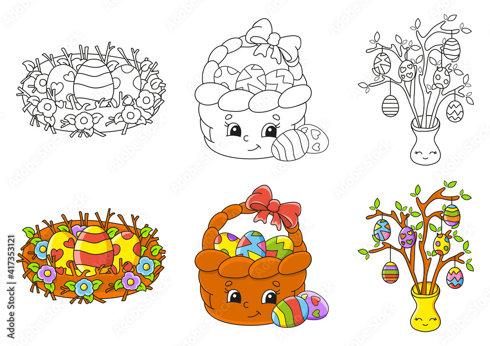 Easter theme. Set coloring page for kids. Cute cartoon characters ...