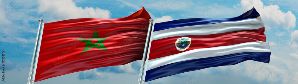 Costa Rica Flag and Morocco Flag waving with texture in Blue sky and ...