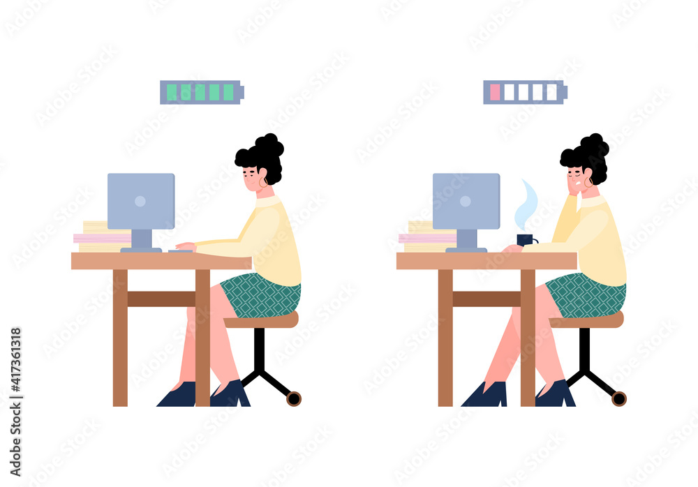 Tired and energy working woman, bored and cheerful office female ...