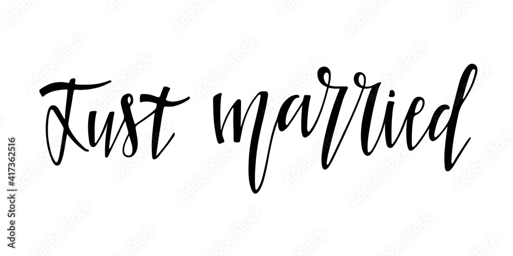 Just married text. Hand written lettering on white. Wedding, element ...