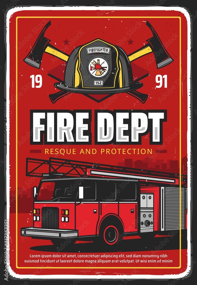 Fire department emergency rescue squad poster. Fire engine or truck ...