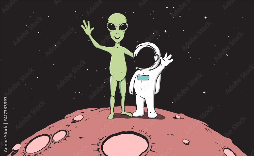Friendship of astronaut and alien.Color version Stock Vector | Adobe Stock