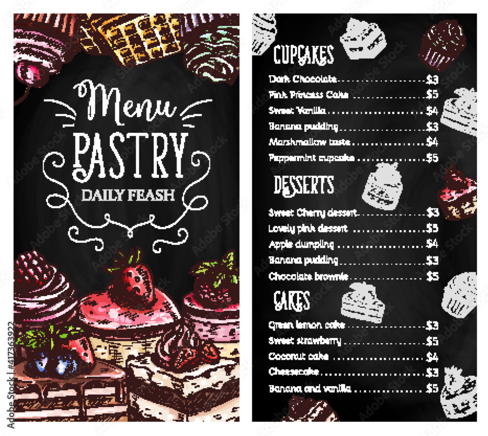 Pastry and dessert chalkboard menu page template. Cake, cupcake and ...