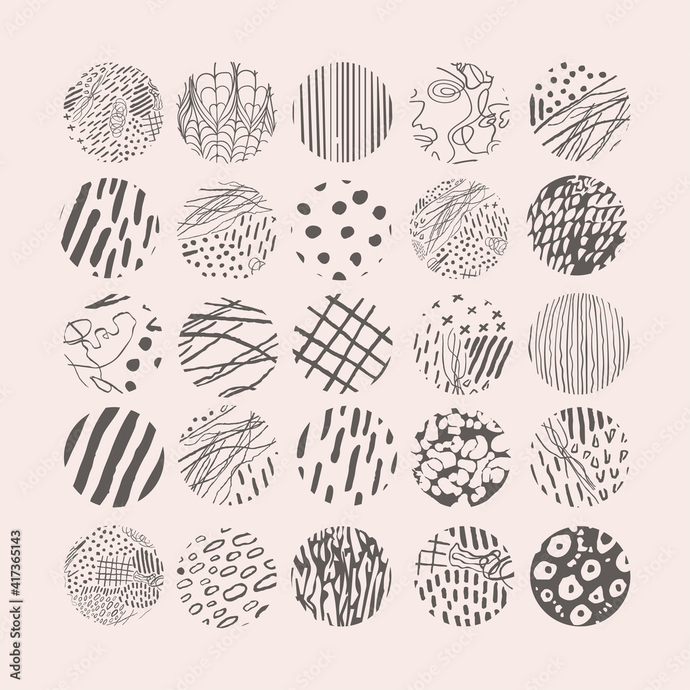 Vector hand drawn set with round isolated abstract black patterns or ...