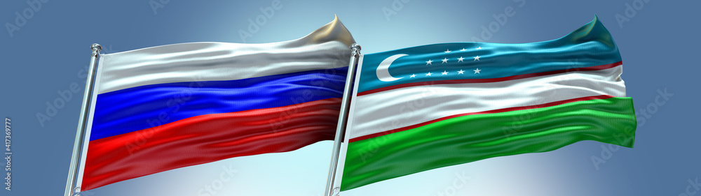 Uzbekistan Flag and Russia Flag waving with texture in Blue sky and ...