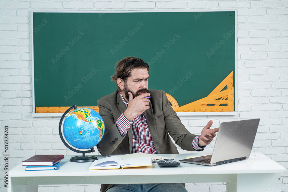 college student man distance learning studying with online teacher on ...