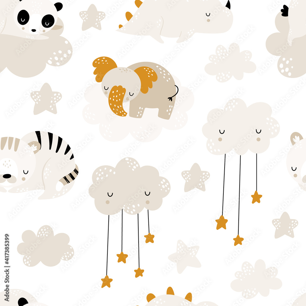 Seamless childrens hand-drawn pattern with cute sleeping animals ...
