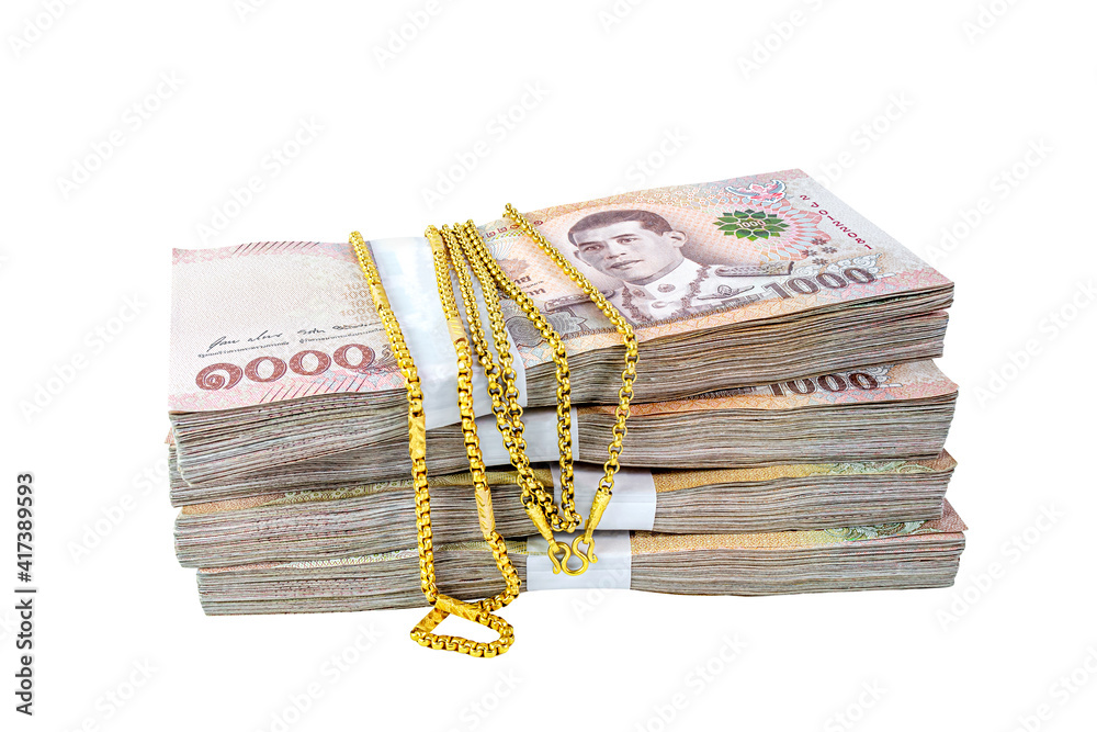 banknote money and gold necklace jewelry, money for savings concept ...