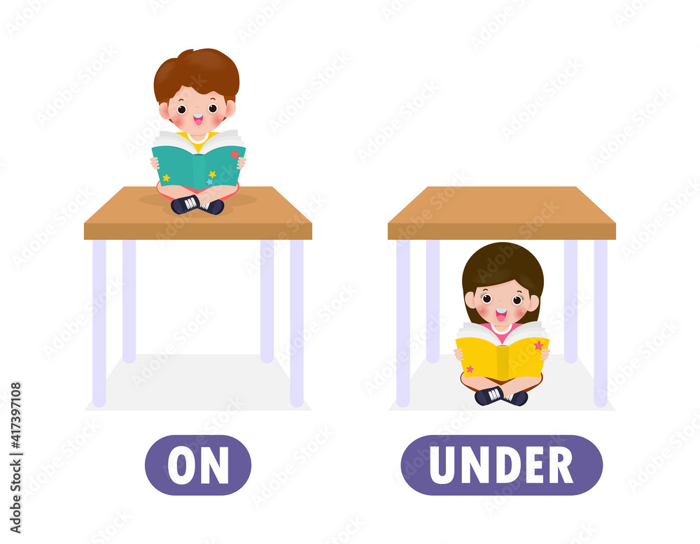 Words on and under with cartoon characters cute kids reading book ...