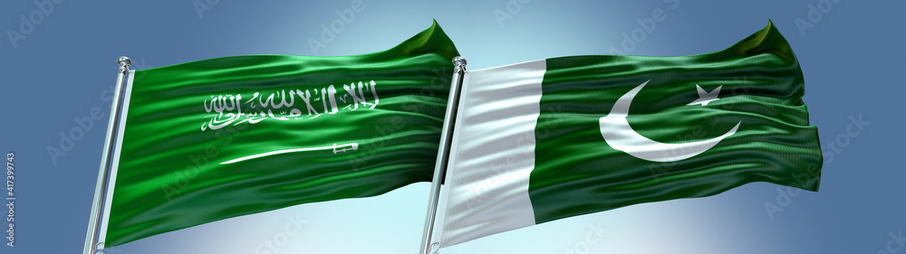 Pakistan Flag and Saudi Arabia Flag waving with texture in Blue sky ...