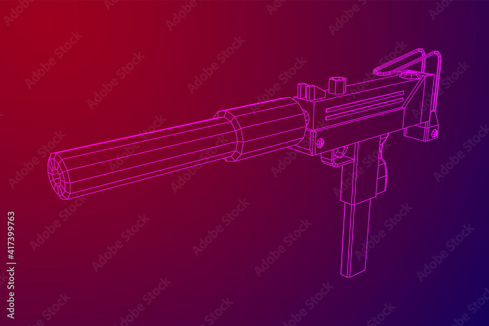 Submachine gun modern firearms pistol with silencer. Wireframe low poly ...