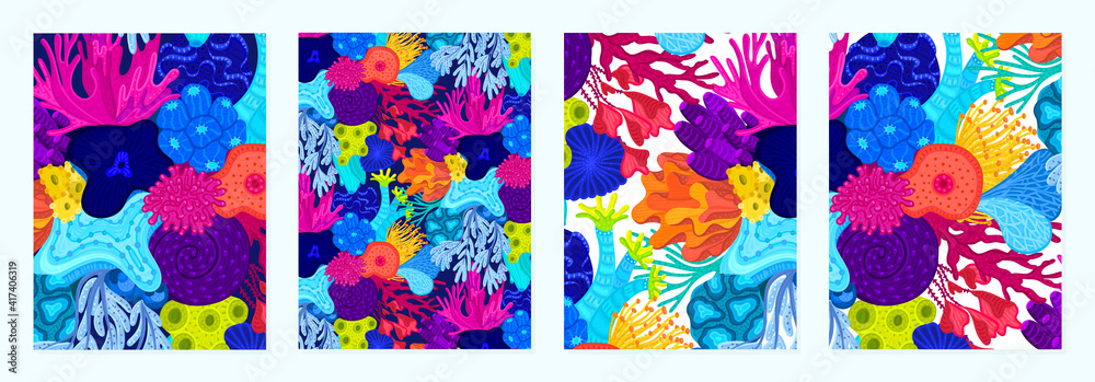 Set of cover templates with patterns of bright corals. Colorful ...