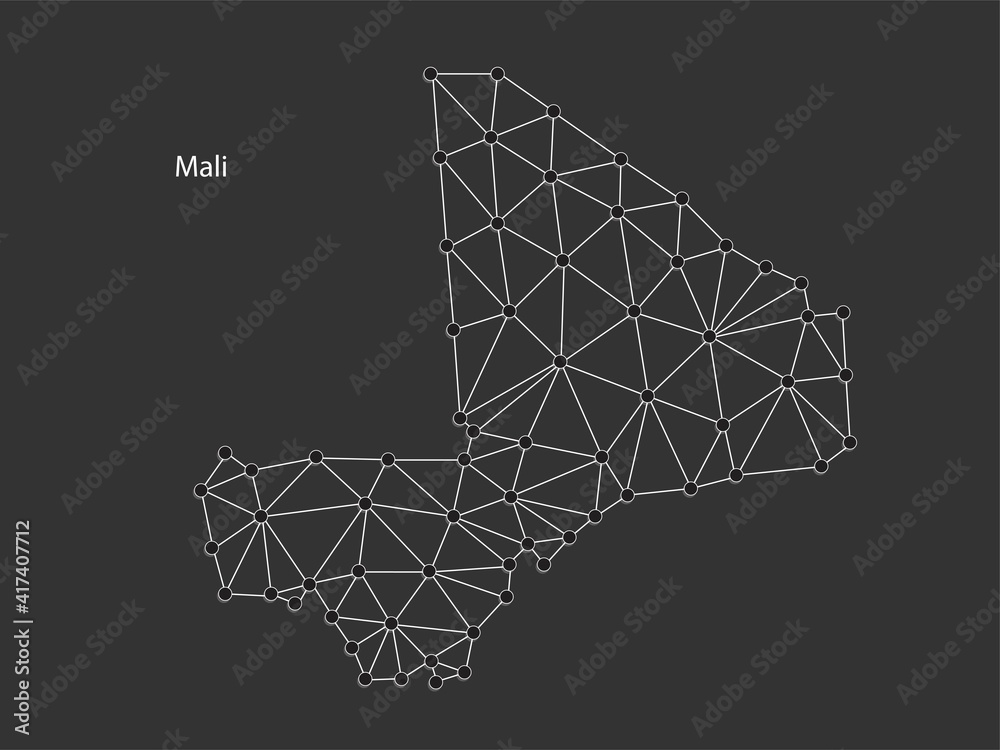 Mali Map Point scales on black background. Wire frame polygonal network ...