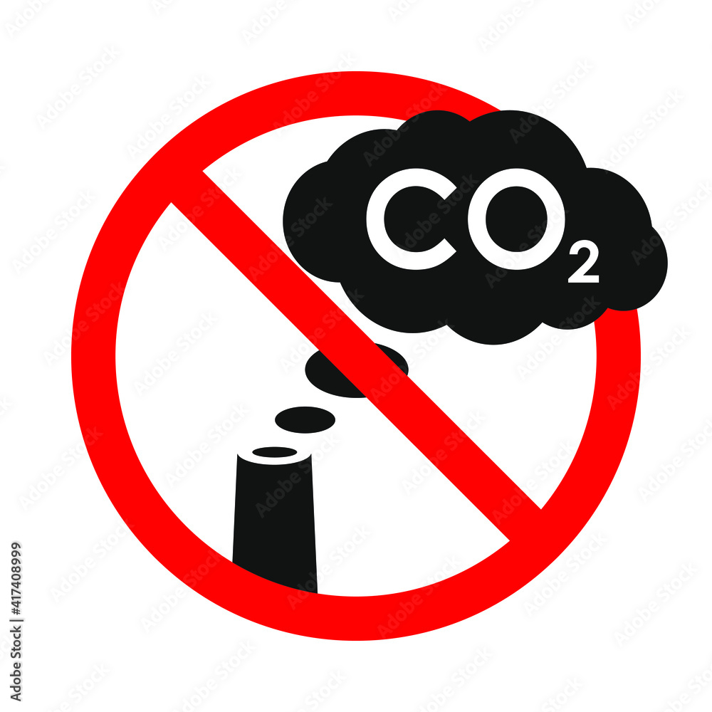 Symbol prohibited cloud CO2 from chimney. Warning banner no industrial ...