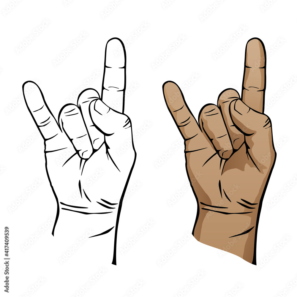 Heavy Metal Music Devil Hand Sign in Color and Black Line Art Vector ...