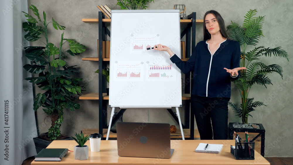 Woman teacher tutor tells teaches students remote video call conference ...