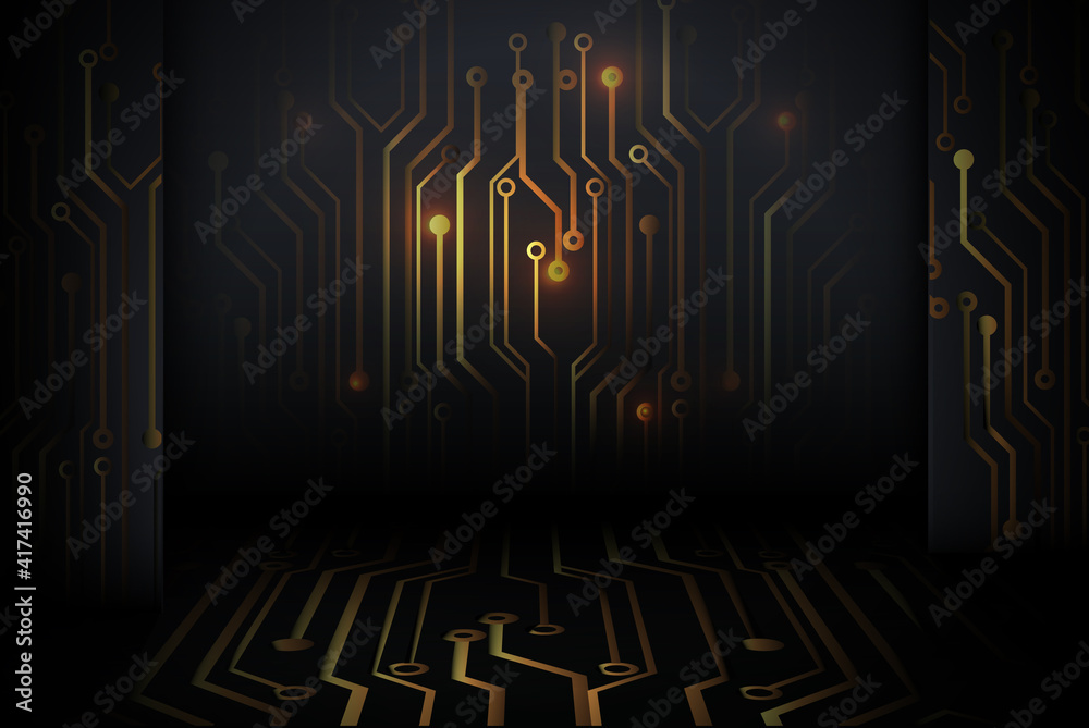 Abstract gold Circuit board technology digital hi tech on black wall ...