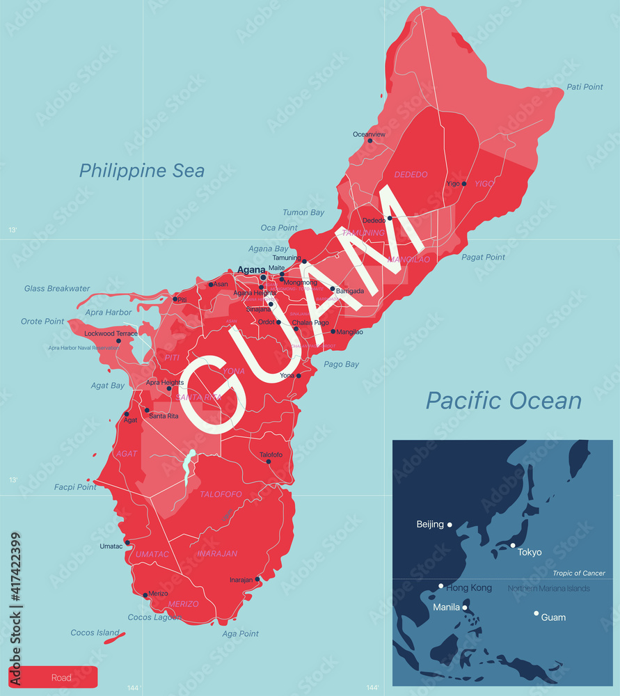 GUAM detailed editable map with regions cities and towns, roads and ...