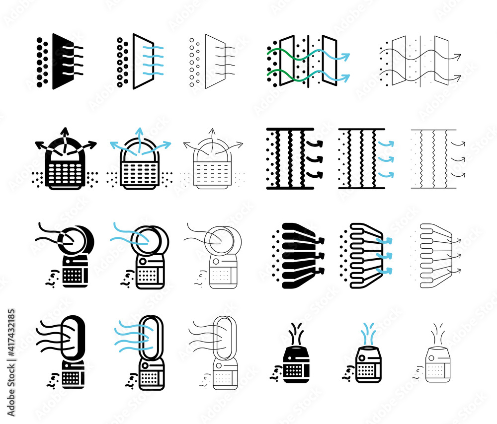 Air purifier machine icon sets. Home device for air purification ...