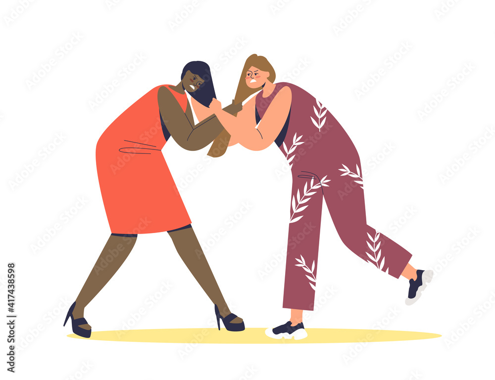 Two women fighting and pulling hair. Angry cartoon females aggressive ...