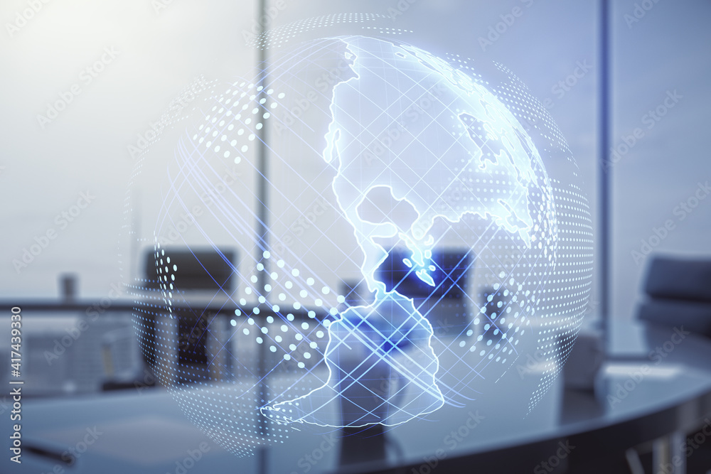 Virtual digital map of North America on a modern conference room ...