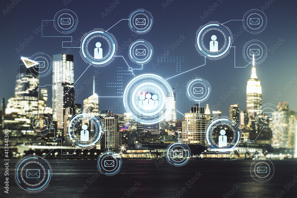 Double exposure of abstract virtual social network icons on New York ...