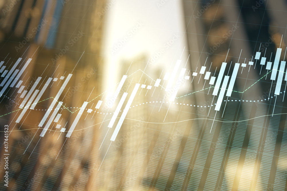 Multi exposure of abstract financial chart on office buildings ...