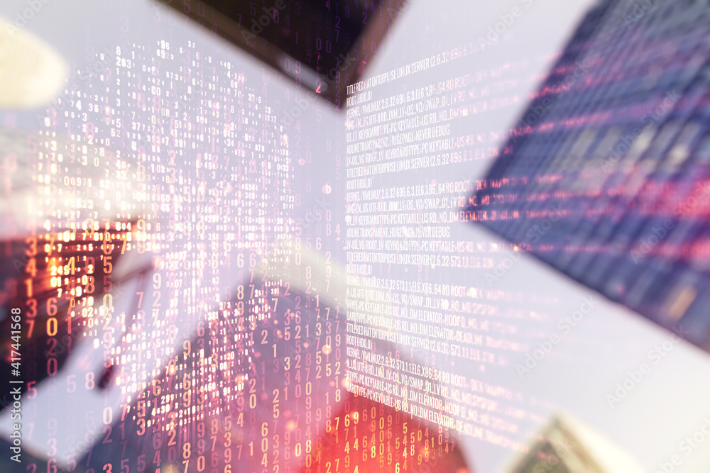 Abstract virtual code skull illustration on office buildings background ...