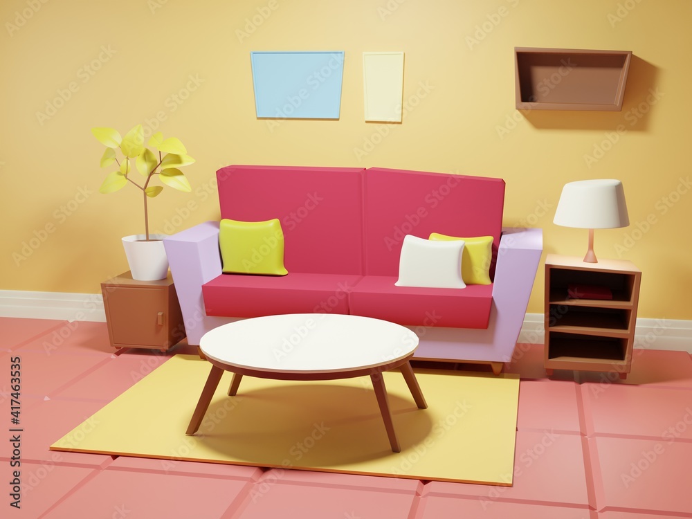 Cartoon living room. 3d rendering illustration. Stock Illustration ...