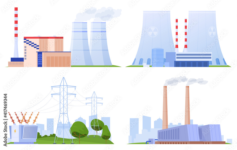Set of power plants of different types. Nuclear energy, thermal power ...