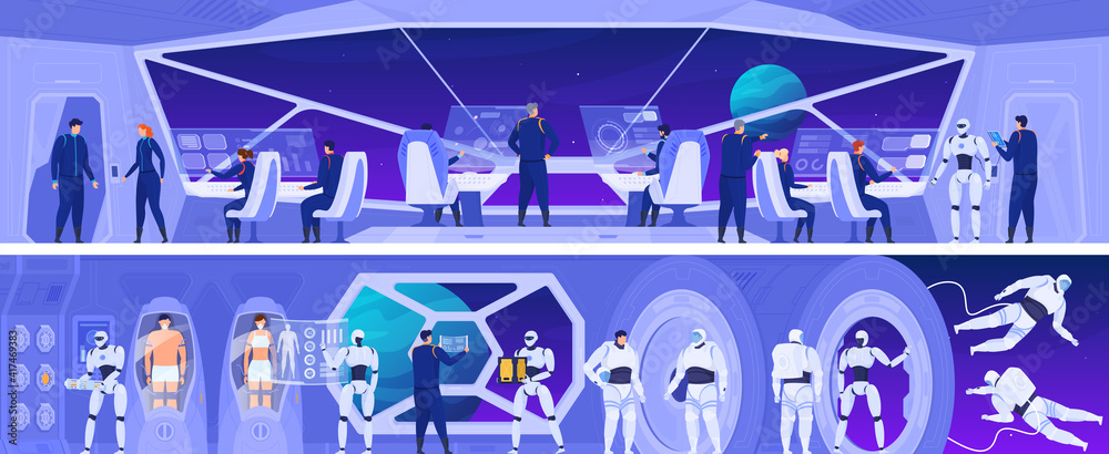 Spaceship crew. The space research team is in space. Fantastic ...