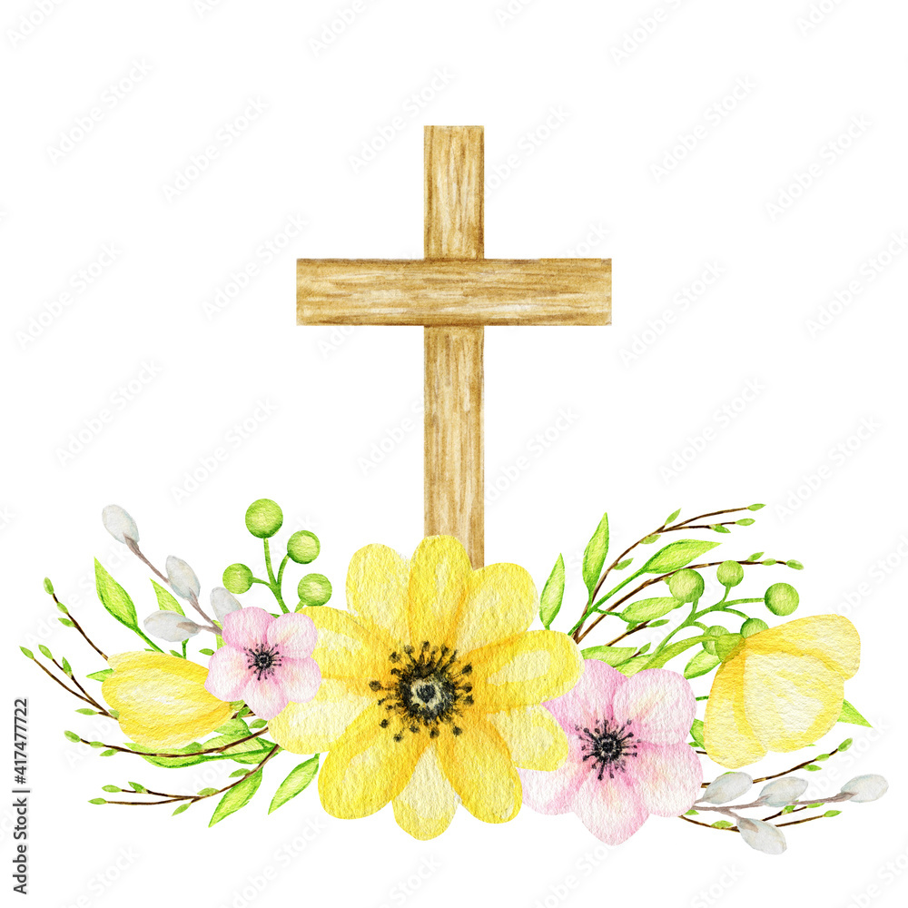 Wooden Christian Cross with flowers. Catholic Church floral cross ...