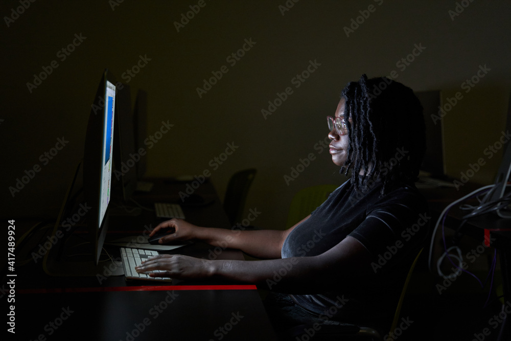 Black woman college student studying in computer lab Stock Photo ...