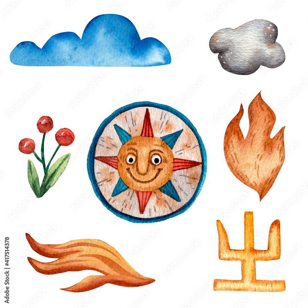 Viking symbols set. Cute cartoon style of art. Viking sun emblem, fire ...