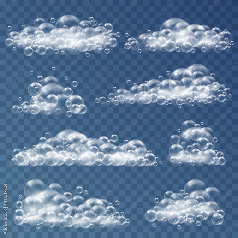 Foam bubbles, white vector froth, realistic foamy texture, liquid soap ...