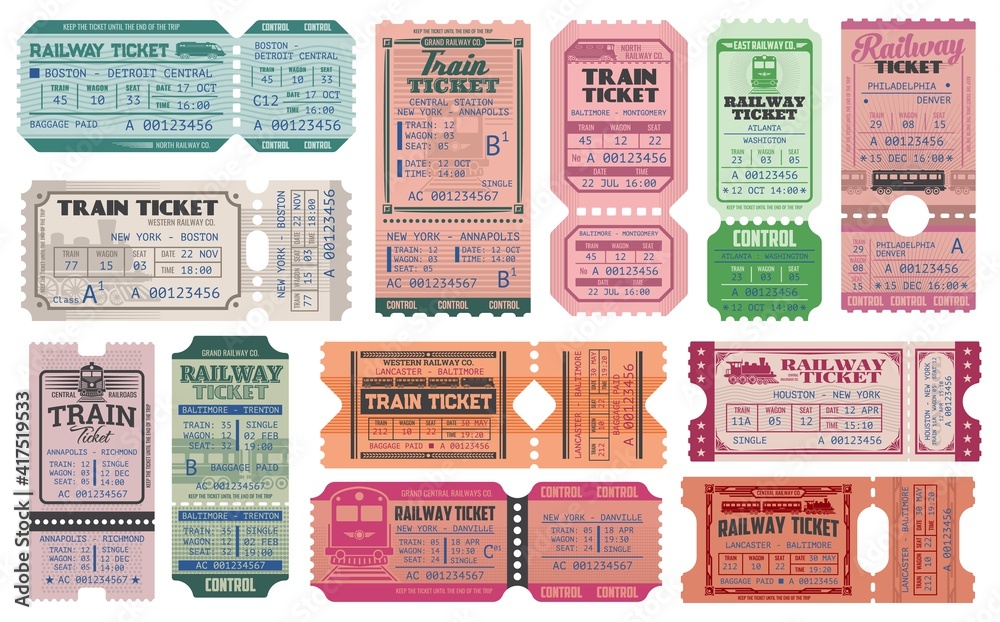 Railway and train retro tickets, admits vector templates set. Intercity ...
