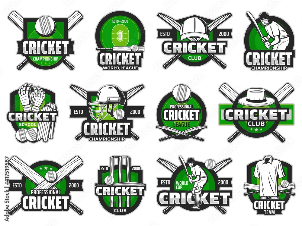 Cricket sport ball, bat and team player vector icons. Cricket field ...