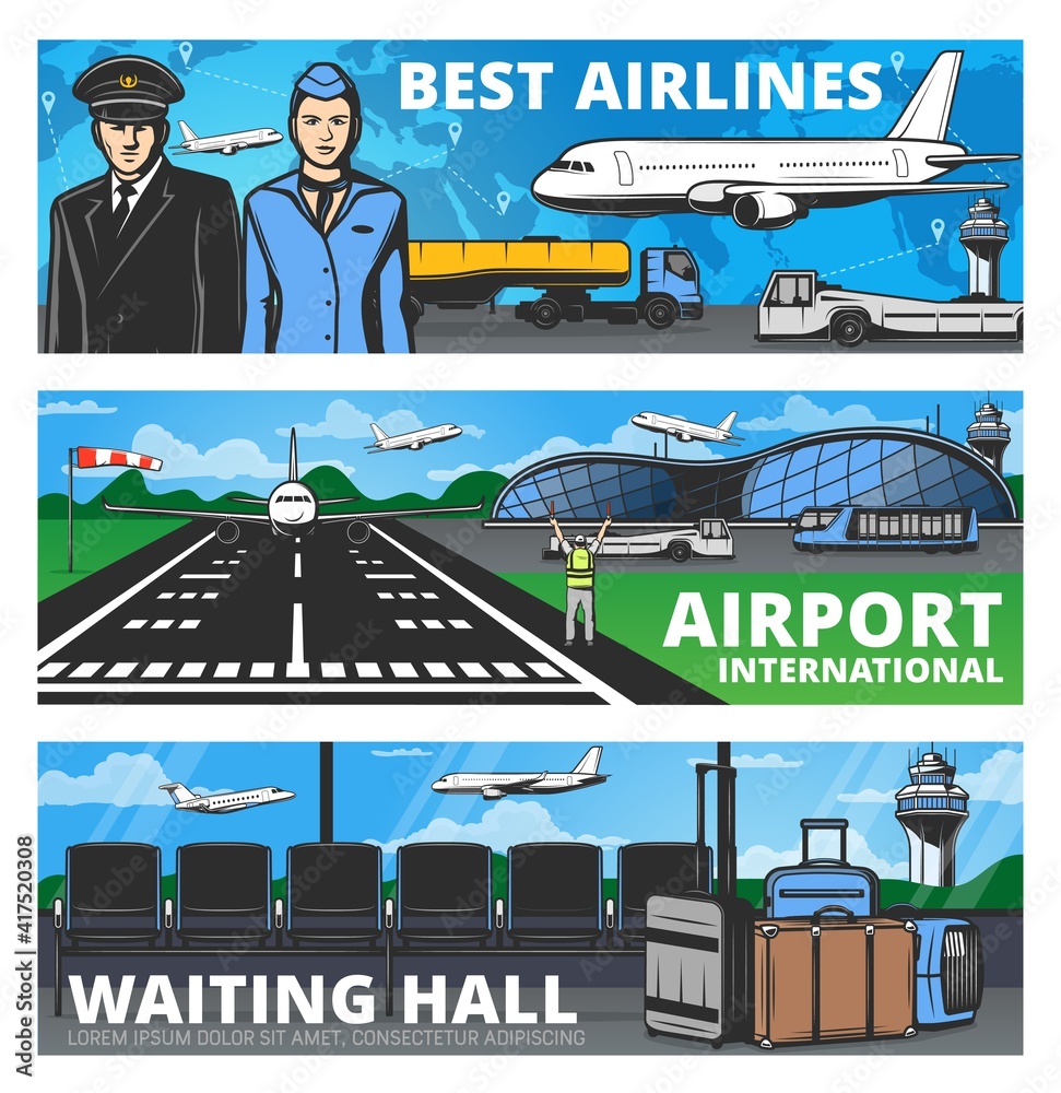 Aviation and airport services vector banners. Airplanes aircrew pilot ...