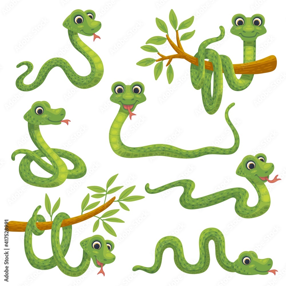 Set of cartoon green snake, funny reptile a vector illustrations for ...